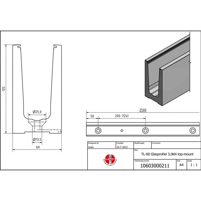 Glasprofiel TL-6030 Topmontage 3,0kN