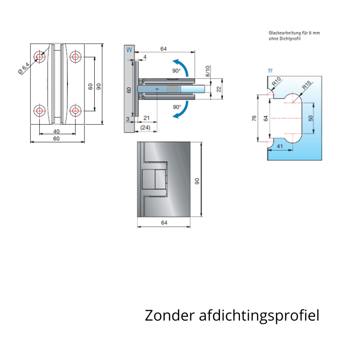 Douchescharnier Pontere wand-glas